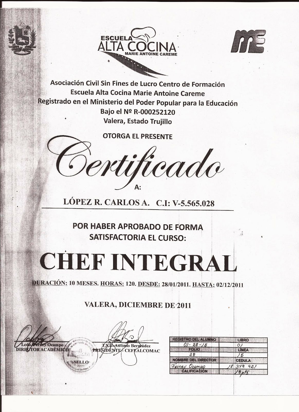 CHEF CARLOS ALBERTO LOPEZ RIVERA