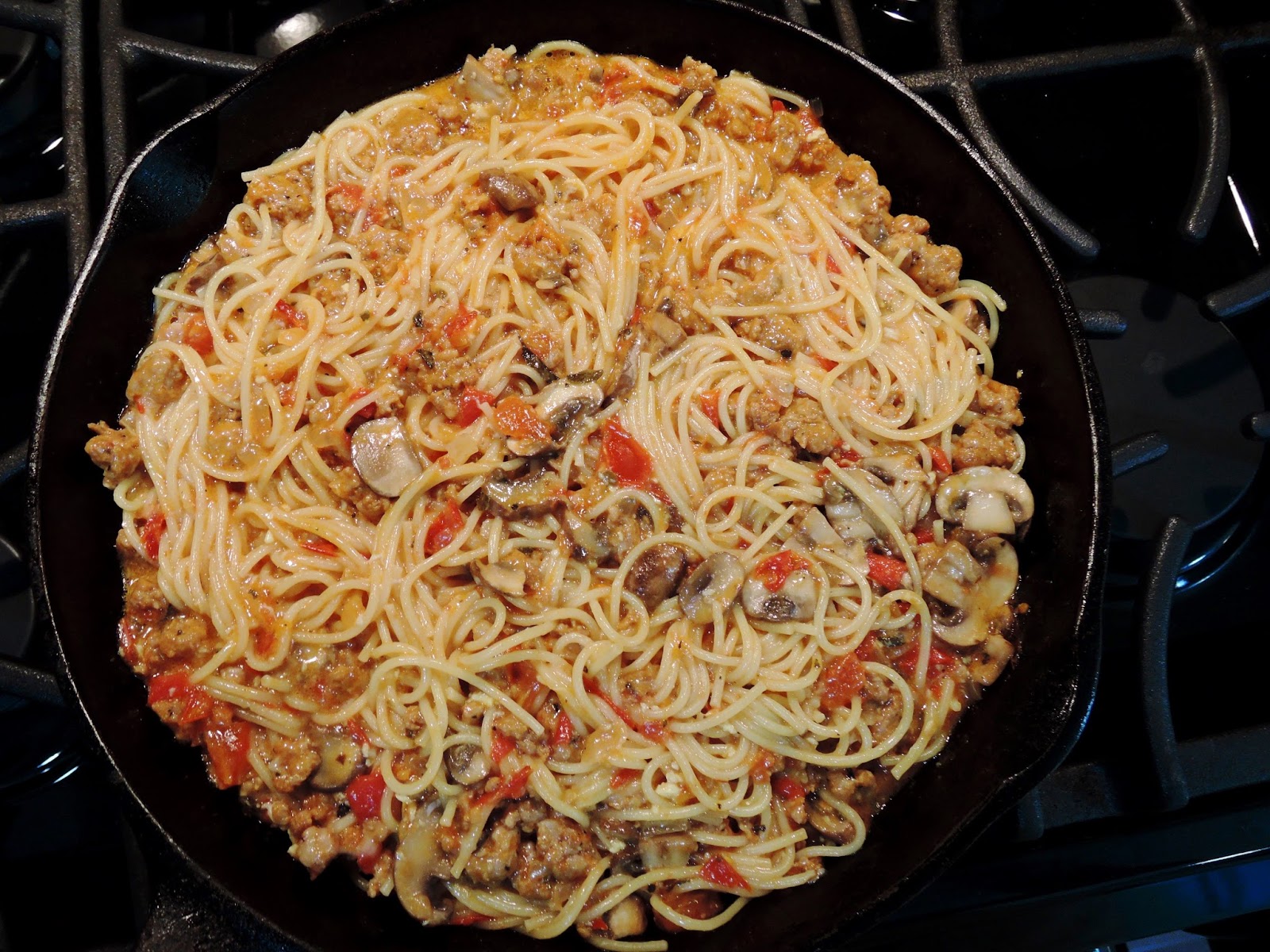 The Briny Lemon: Skillet-Baked Spaghetti with Sausage and Mushrooms