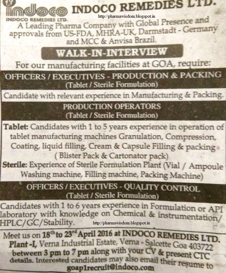 INDOCO REMEDIES LTD. Walk-In on 18th TO 23rd April 2016, Goa - PHARMA ...