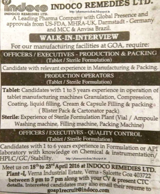 INDOCO REMEDIES LTD. Walk-In on 18th TO 23rd April 2016, Goa - PHARMA ...