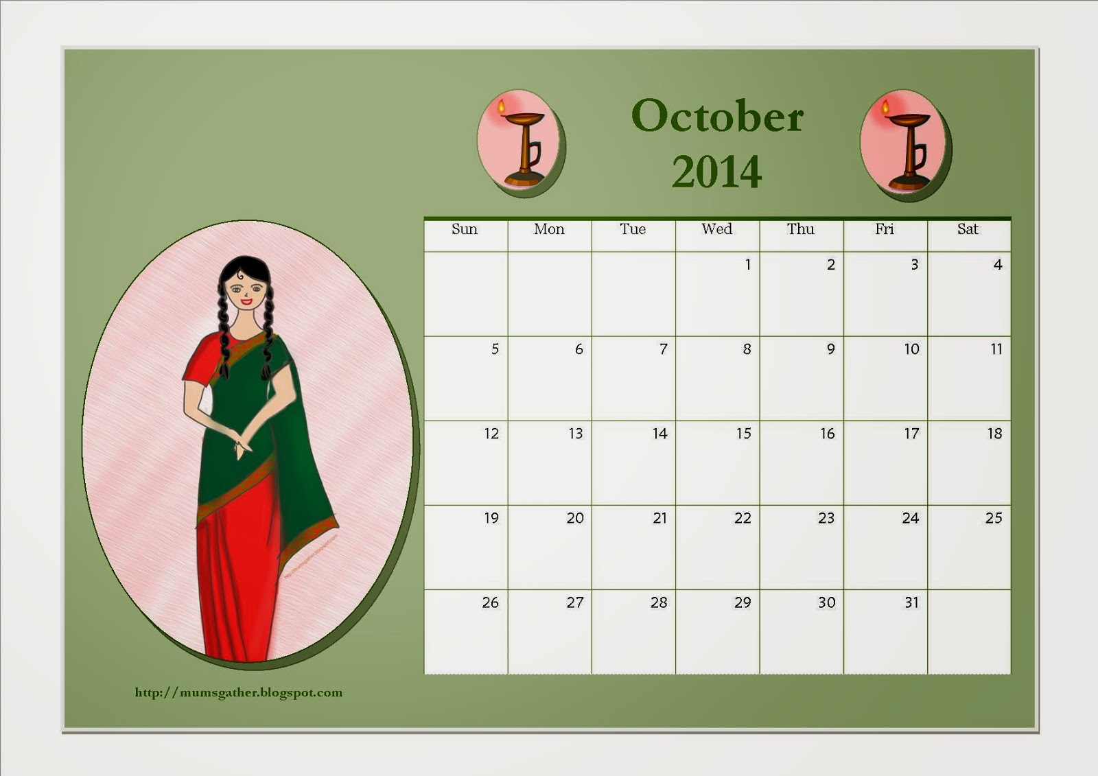 Free Printable October 2014 Calendar For Kids - Deepavali or Diwali ...