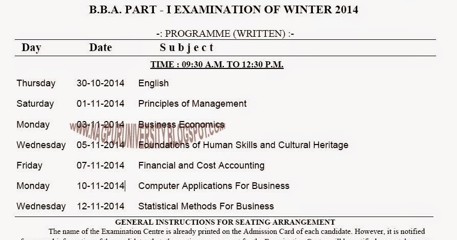 BBA FIRST YEAR (1ST) TIME TABLE EXAM WINTER 2020 RTMNU