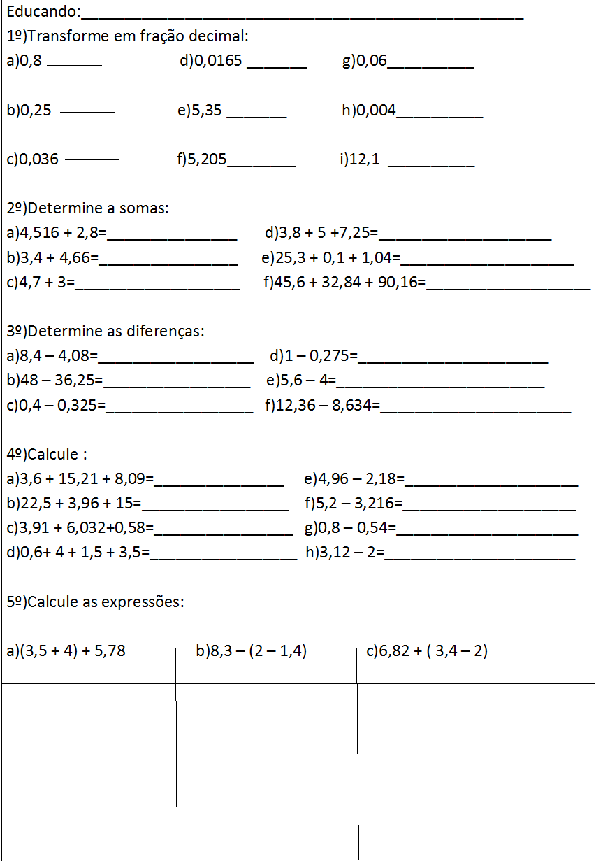 BEL CARDOZO: ATIVIDADE Números Decimais(5º ano)
