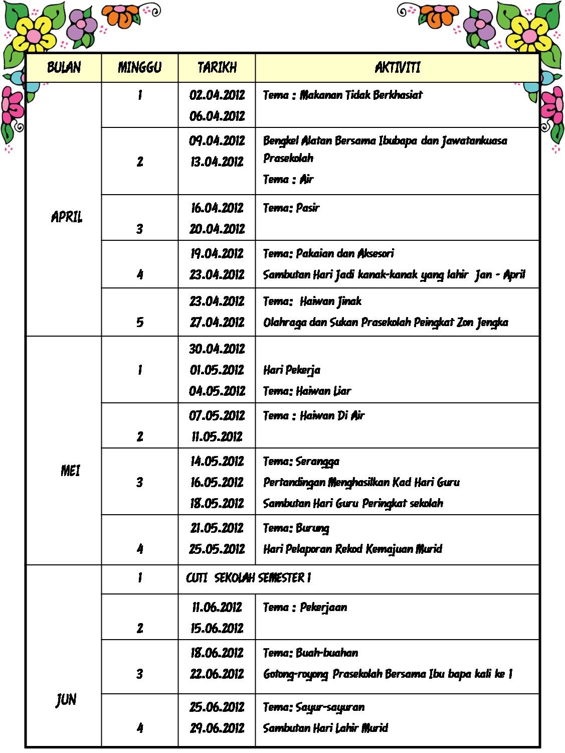 CIKGU EELA (IL) PRESCHOOLERS @ PCE: Contoh Takwim Tahunan Prasekolah