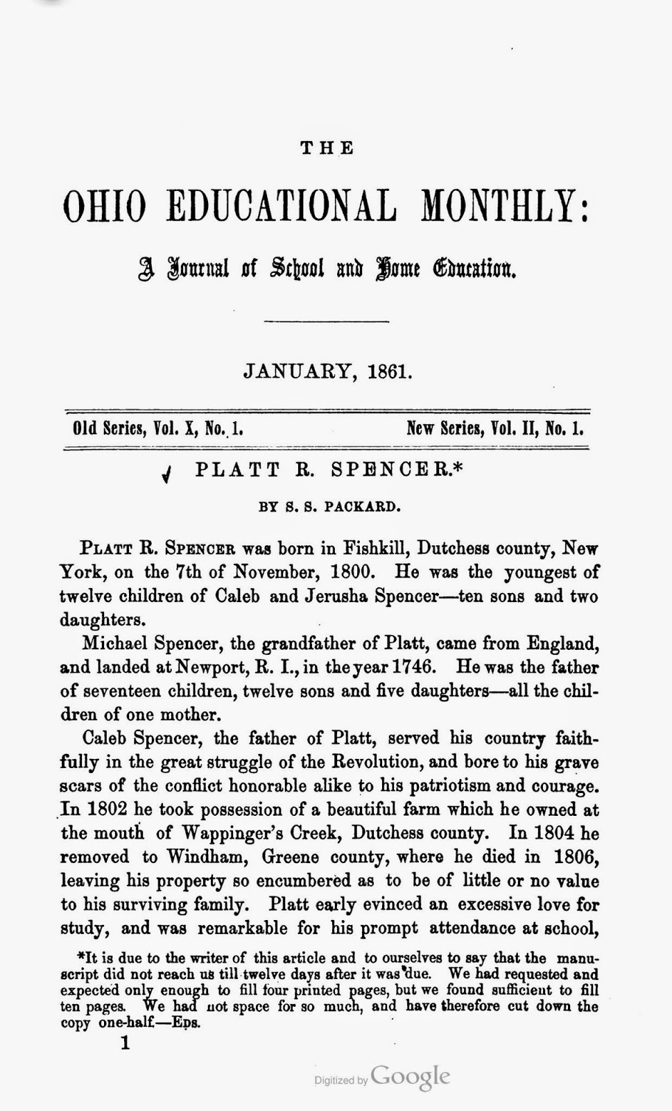 Tenth Letter of the Alphabet: Lettering: Platt R. Spencer, Master Penman