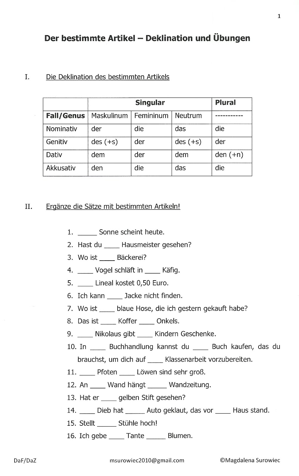 "Aspekte der Germanistik": Der bestimmte Artikel: Deklination und Übungen