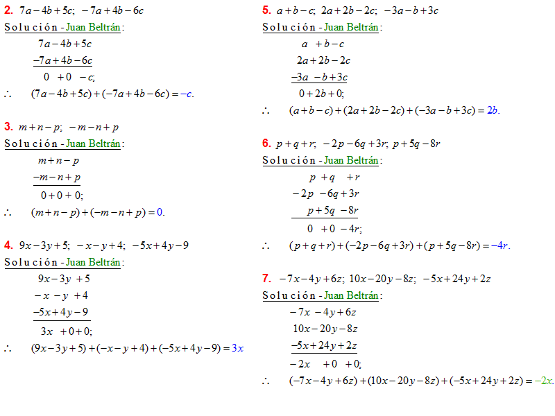 Algebra de Baldor: Suma. Suma de polinomios. Baldor 16: 1 a 7