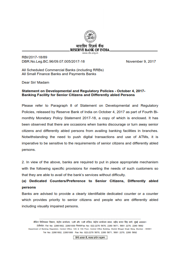 RBI Circular : Banking Facility for Senior Citizen and Differently ...