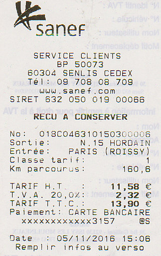 The traveler's drawer: SANEF (France). Reçu autoroute de Paris (Roissy ...
