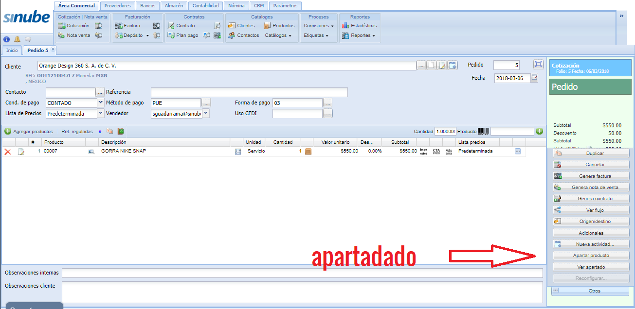 Sinube soporte técnico: Apartados en Pedidos