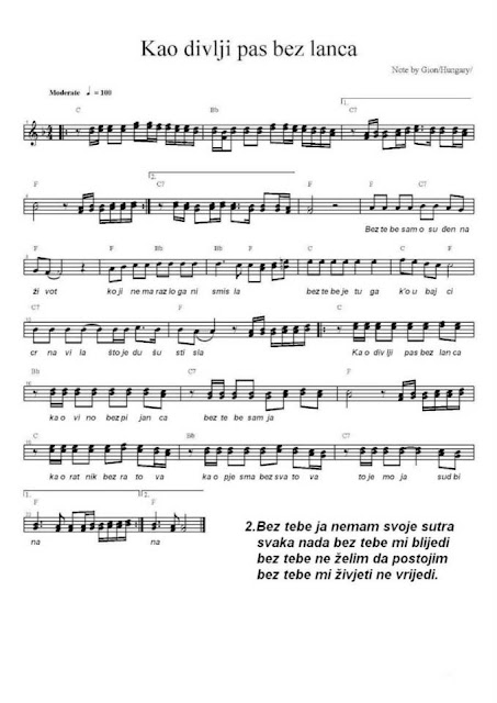 NOTE | DOMACE I STRANE: KAO DIVLJI PAS BEZ LANCA NOTE AKORDI TEKST