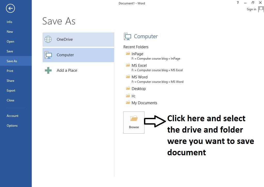 Saving a document in MS Word - computer free courses