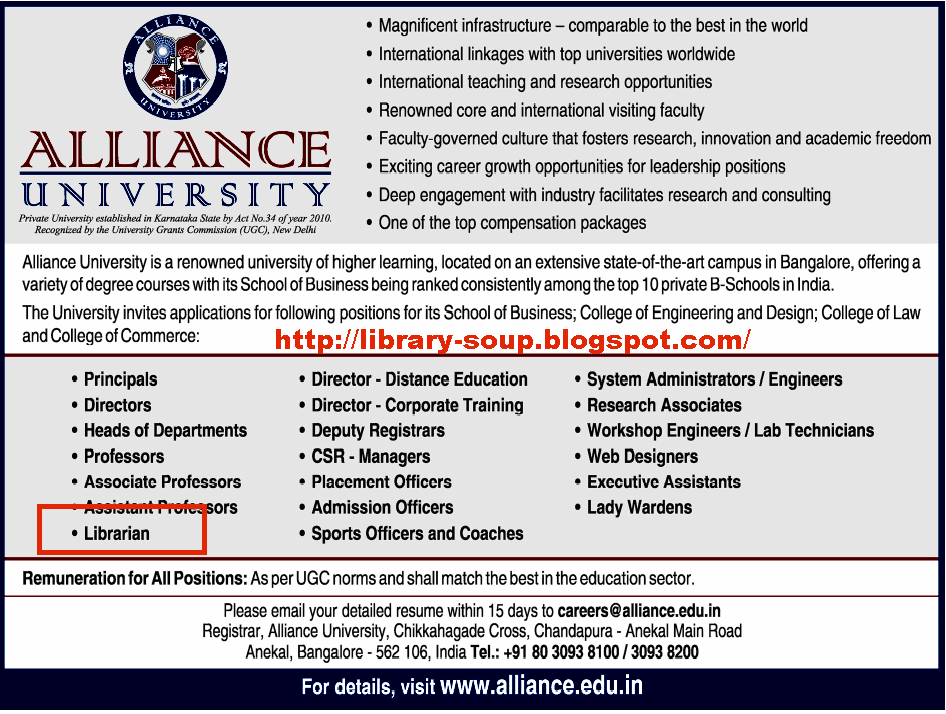 The Library Soup : VACANCY OF LIBRARIAN AT ALLIANCE UNIVERSITY, BANGALORE