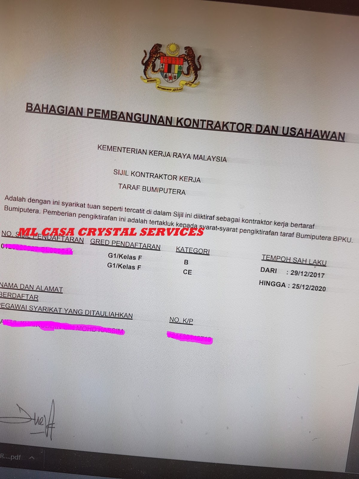 CIDB / SPKK / STB / MOF / TNB VENDOR / ISO / PETRONAS / TRADEMARK ...