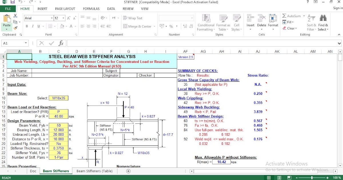Steel Beam Web Stiffener Analysis Spreadsheet - Engineering Society