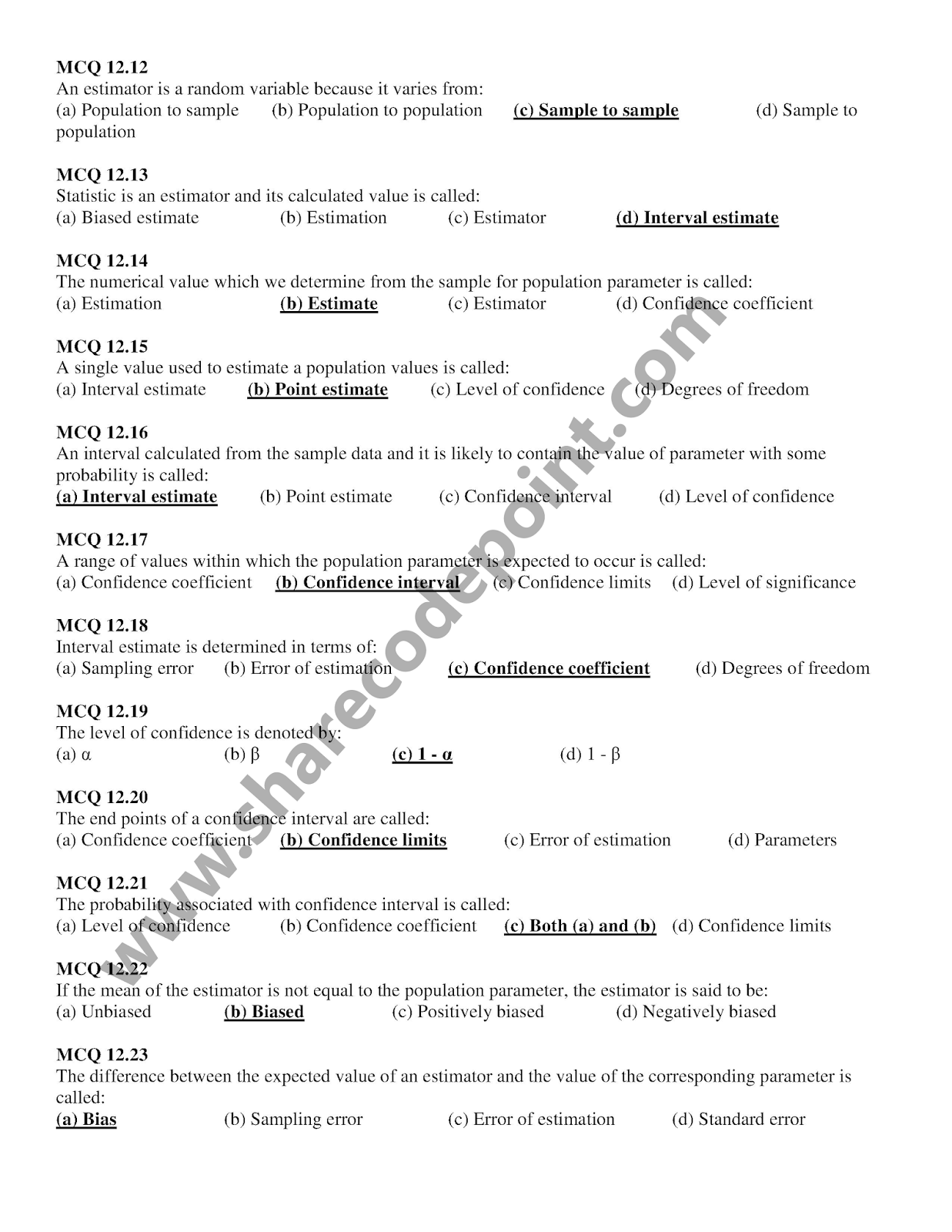 MTH302 : Probability And Statistics (Interval Estimation) MCQ Questions ...