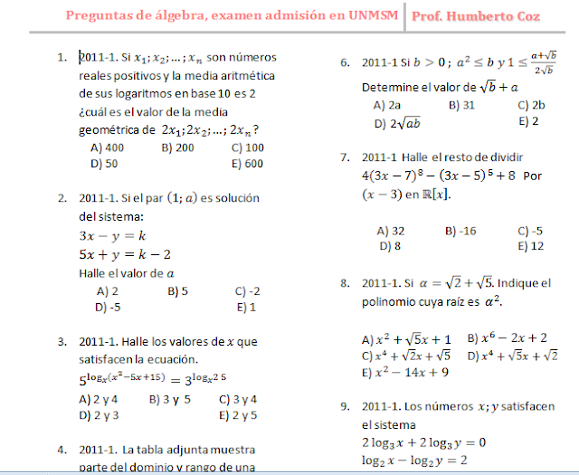 MATEMÁTICA EN PERÚ: Preguntas de álgebra tomados en la UNMSM en 2011