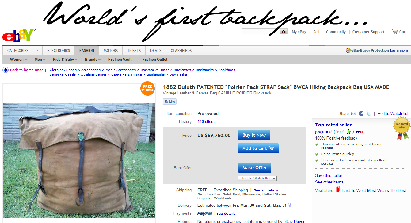 First patented backpack on sale on ebay for $59,750 - Emily Jane Johnston