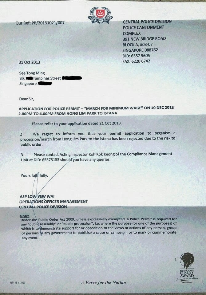 Singapore Rebel : Police denies permit for March for Minimum Wage