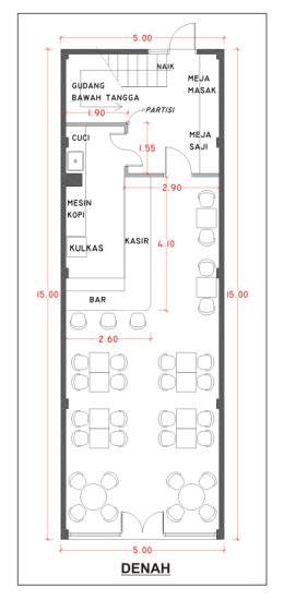 Jasa gambar denah layout cafe kopi tiam minimalis dan sederhana di sebuah Ruko - DESAIN RUKO
