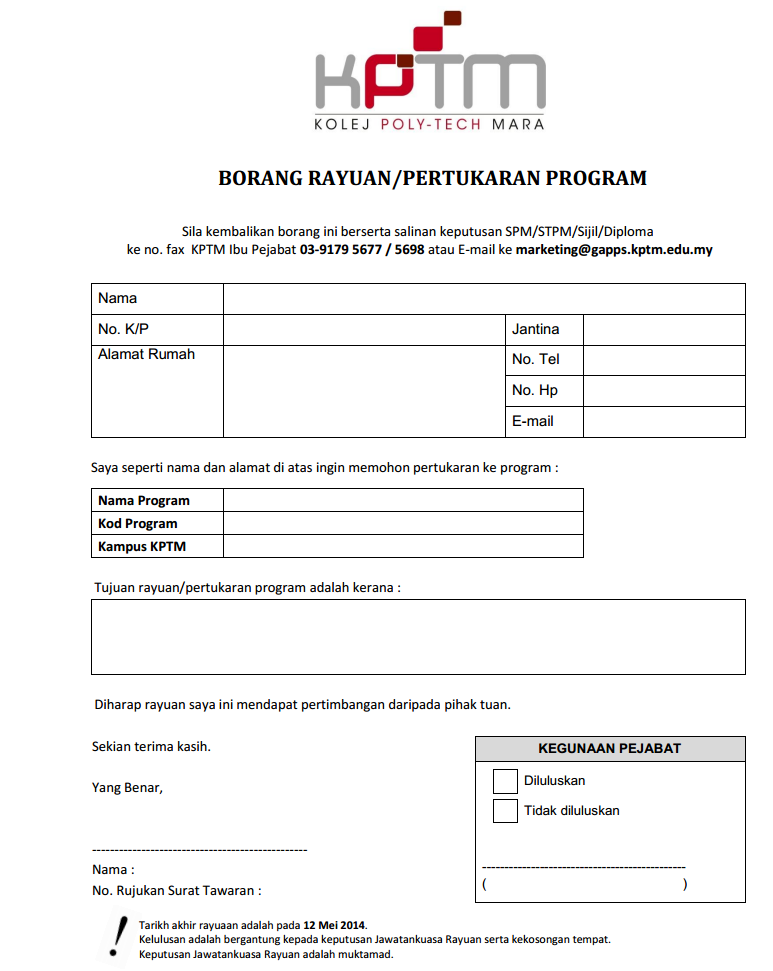 KOLEJ POLY-TECH MARA: Boleh Ke Nak Tukar Program Yang Ditawarkan?