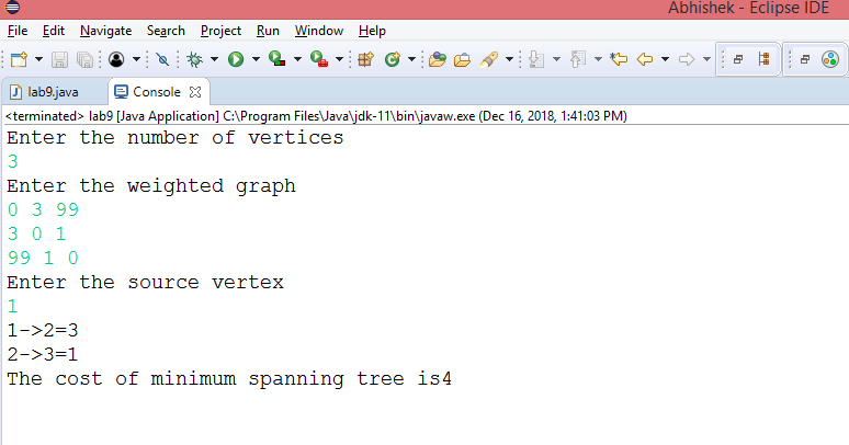 VTU CSE LABS: DAA 9 - PRIM'S ALGORITHM