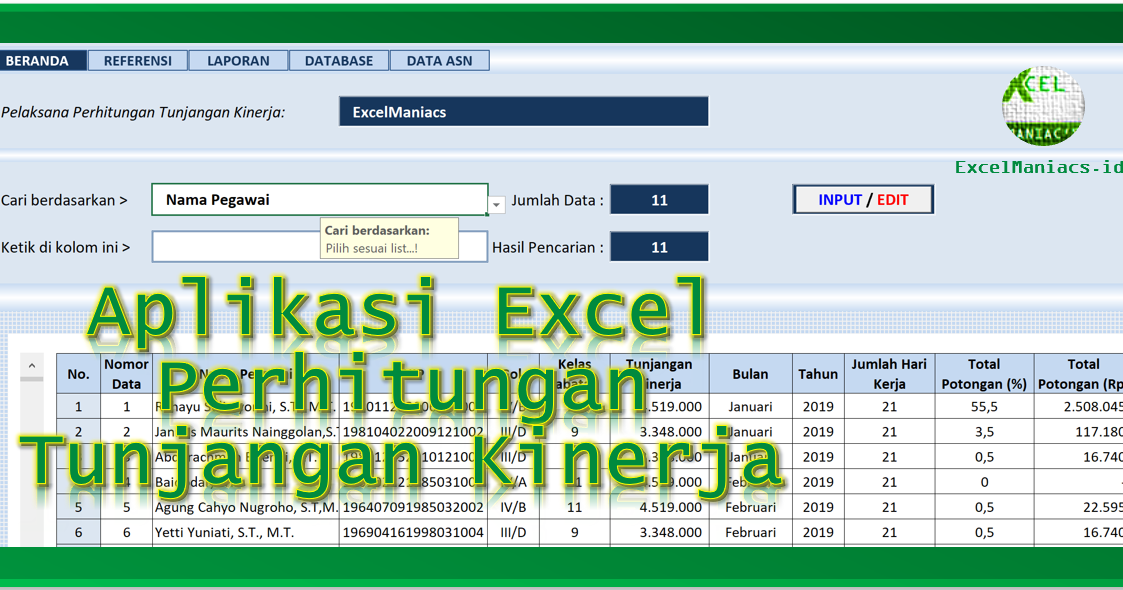 Aplikasi Excel Formulir Perhitungan Tunjangan Kinerja - ExcelManiacs