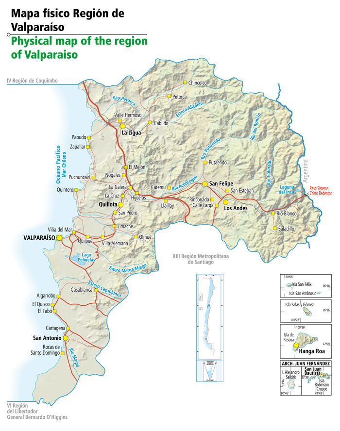 V región de Valparaíso: MAPA FÍSICO Y POLÍTICO DE LA V REGIÓN.