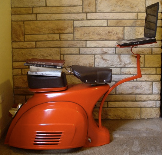 Upcycle Us: Computer station and Lounge chair upcycled from a Vespa