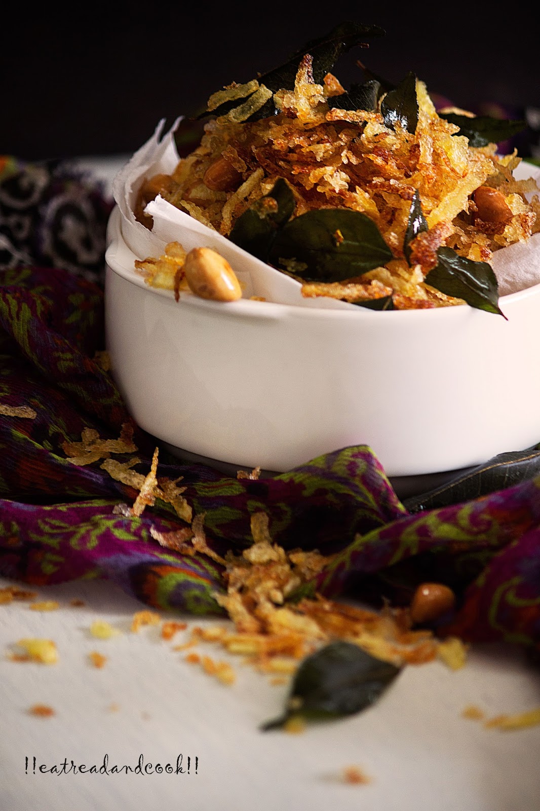 Kari Pata r Badam Diye Alur Jhuri Bhaja / Shredded Potato Fries with ...