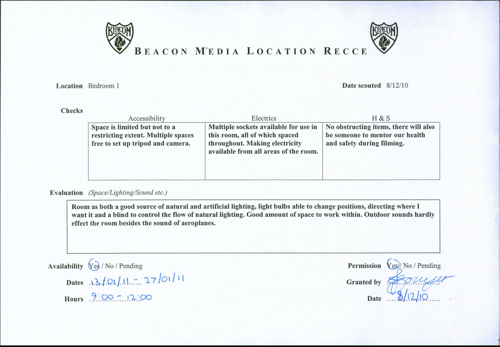 Pre-Production: Recce Form's