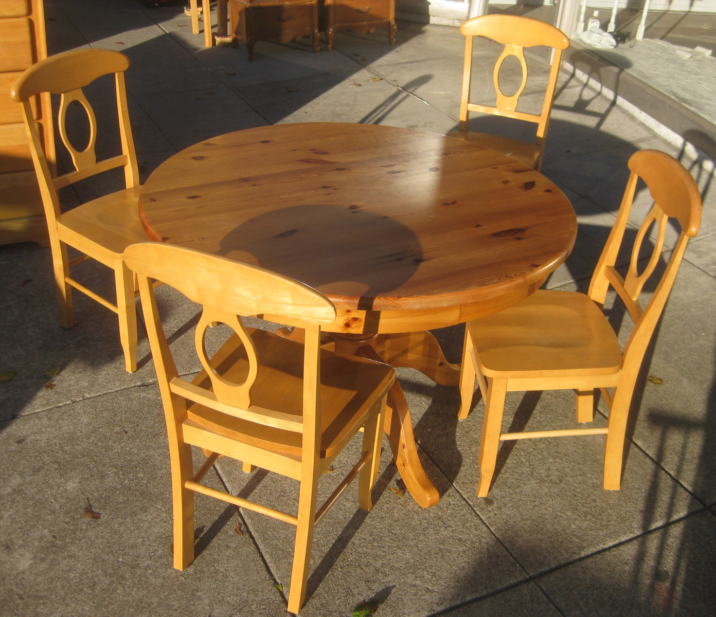 UHURU FURNITURE & COLLECTIBLES: SOLD - Round Pine Table + 4 Chairs - $160