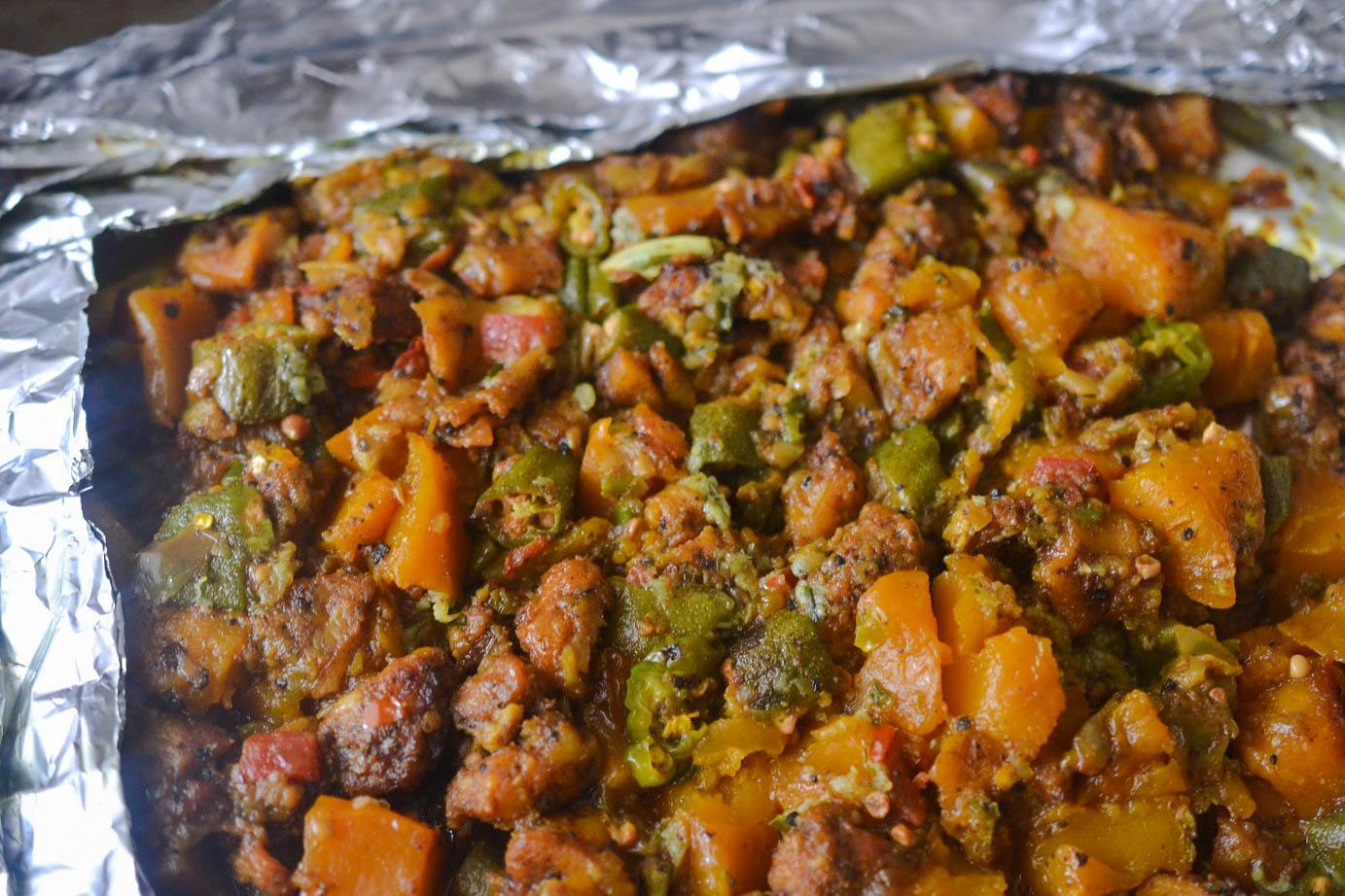 Greedy Girl : Foil roast curry conch with pumpkin and okra