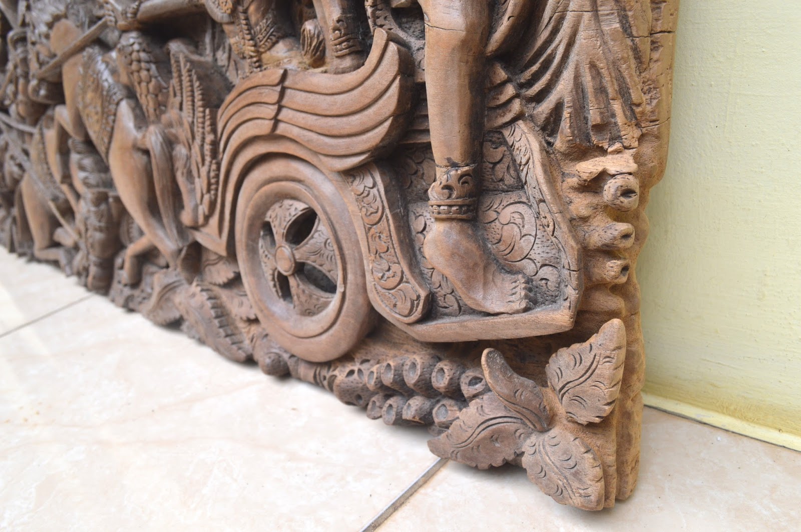 Vintage Antique Mahabharata Relief 37.5" Wood Carving Wall Panel