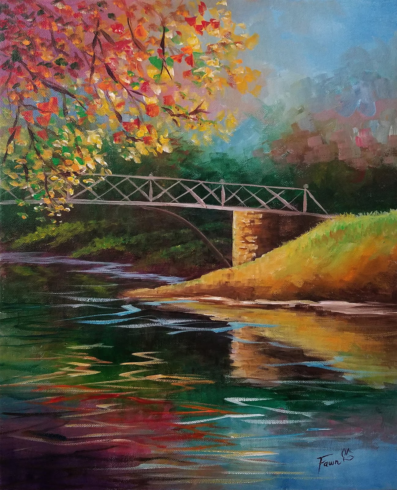 Fawn's Paintings: Autumn Bridge, fall leaves over water