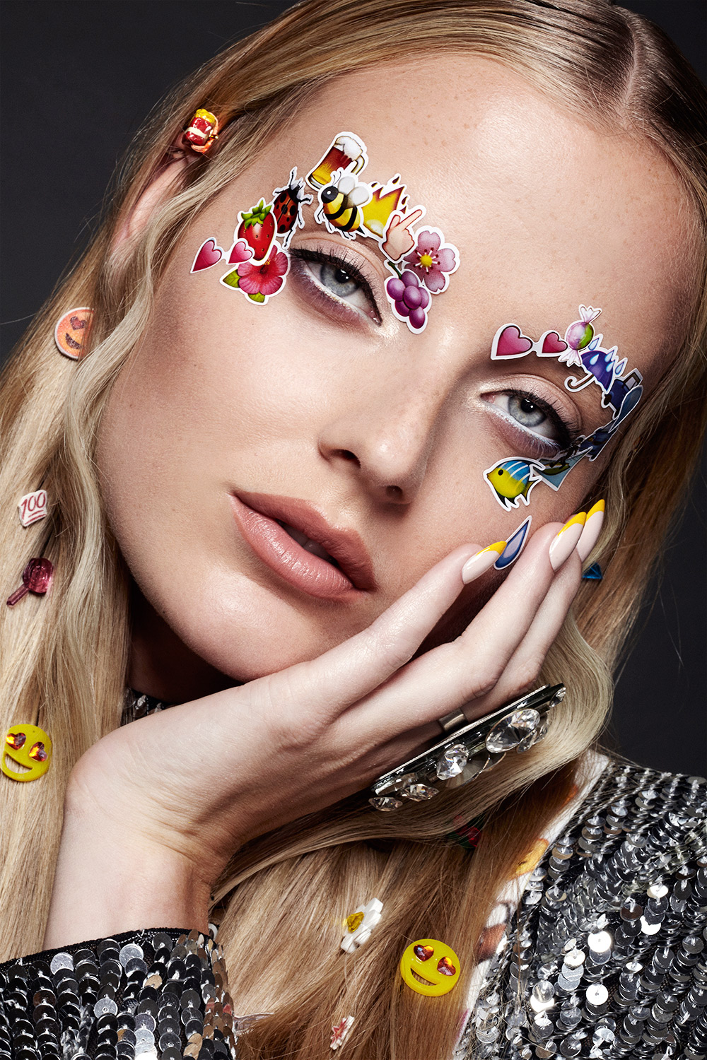 Emoji Girl Emoticon Stickers Beauty Editorial Shoot with Model Emily Steel