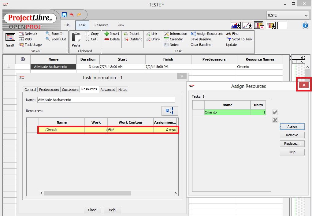 Canal ProjectLibre: Recurso Material no ProjectLibre