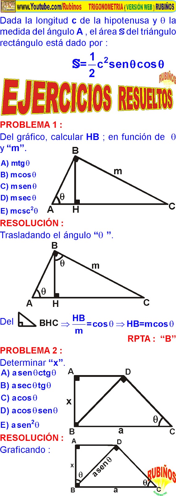 RESOLUCIÓN DE TRIÁNGULOS RECTÁNGULOS PROBLEMAS RESUELTOS CON RAZONES TRIGONOMÉTRICAS PDF