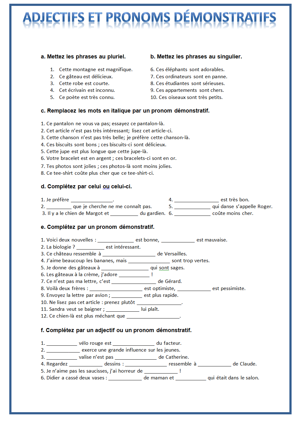 les pronoms démonstratifs exercices pdf