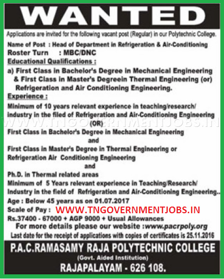 PAC Ramasamy Raja Polytechnic College Rajapalayam : Head of the ...