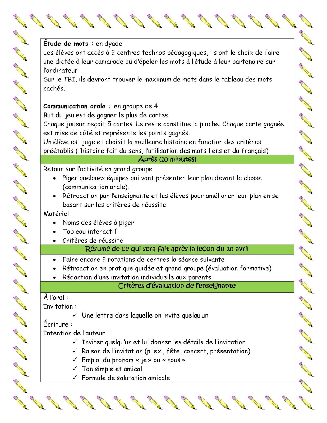 La classe de Madame Fatima : Exemple de plan de leçon en français ...