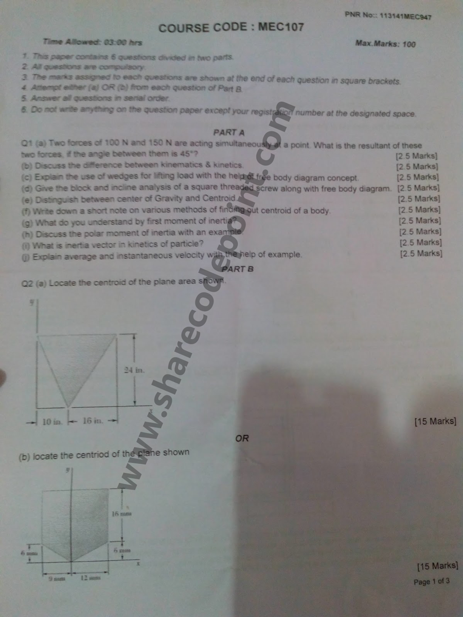 MEC107 : Basic Engineering Mechanics End Term Exam Question Paper - MEC ...