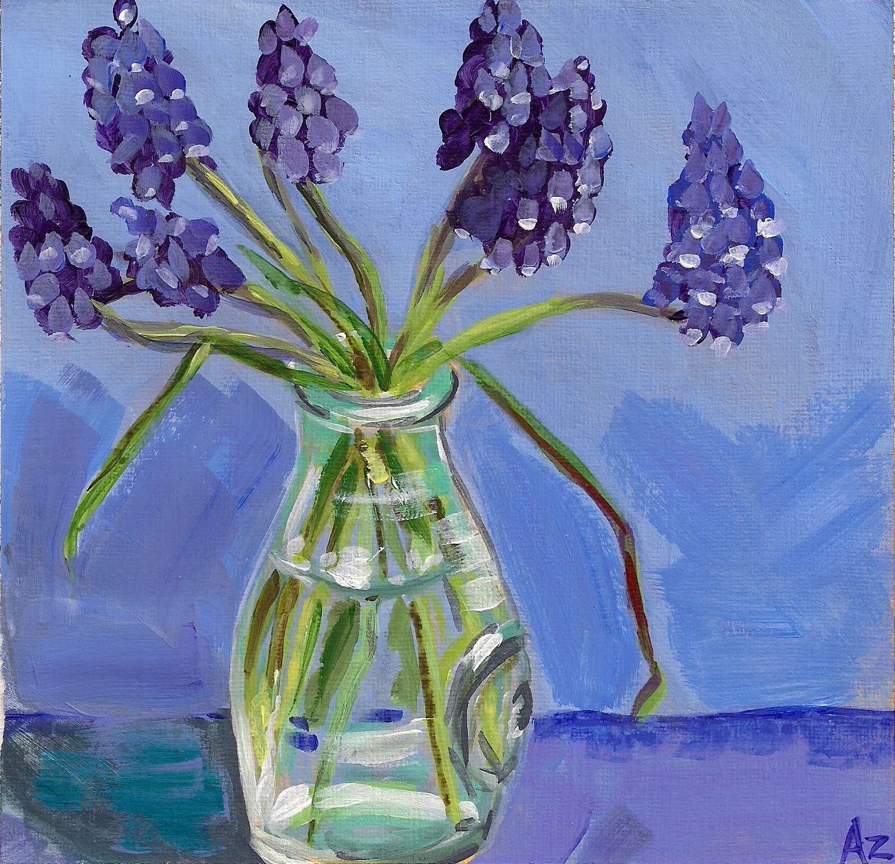 Azra's Painting a Day: Grape Hyacinths in Glass Bottle
