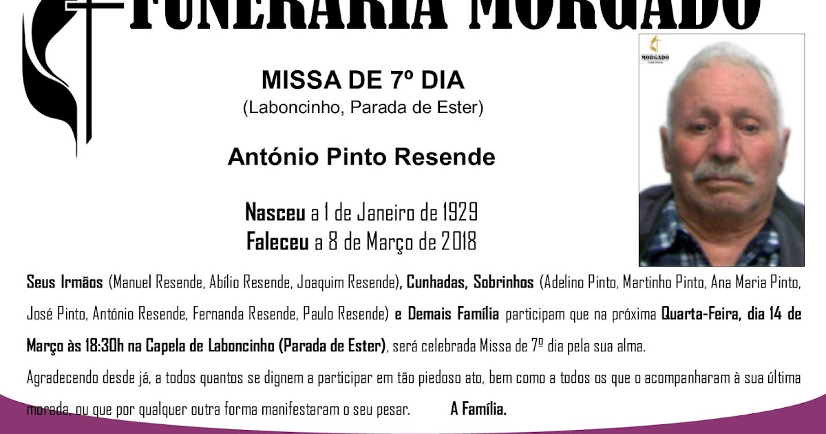 FunerÁria Morgado Missa De 7ºdia António Pinto Resende Laboncinho