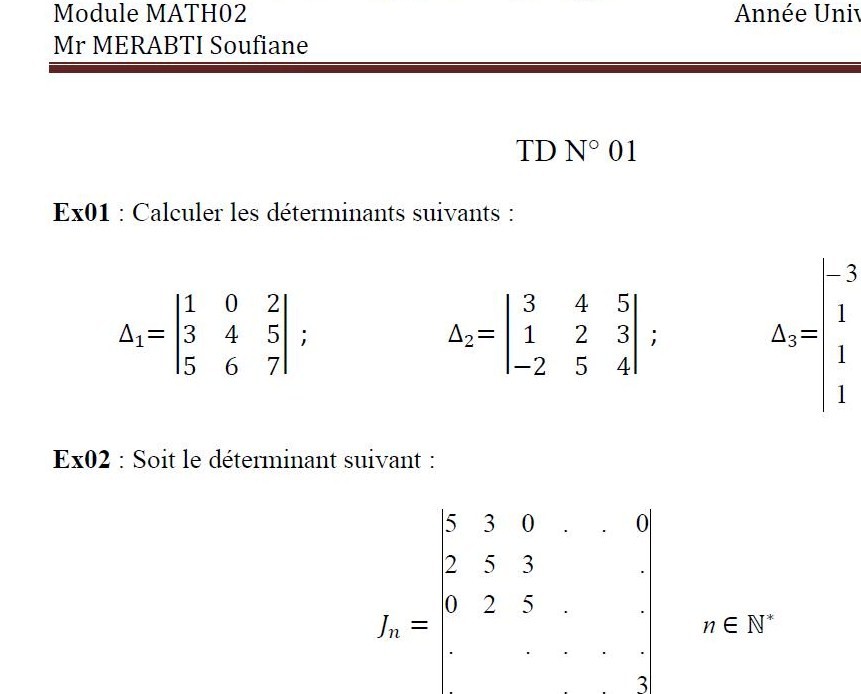 Science Technology : Fiche de TD N° 01 Exercices sur les matrices et ...
