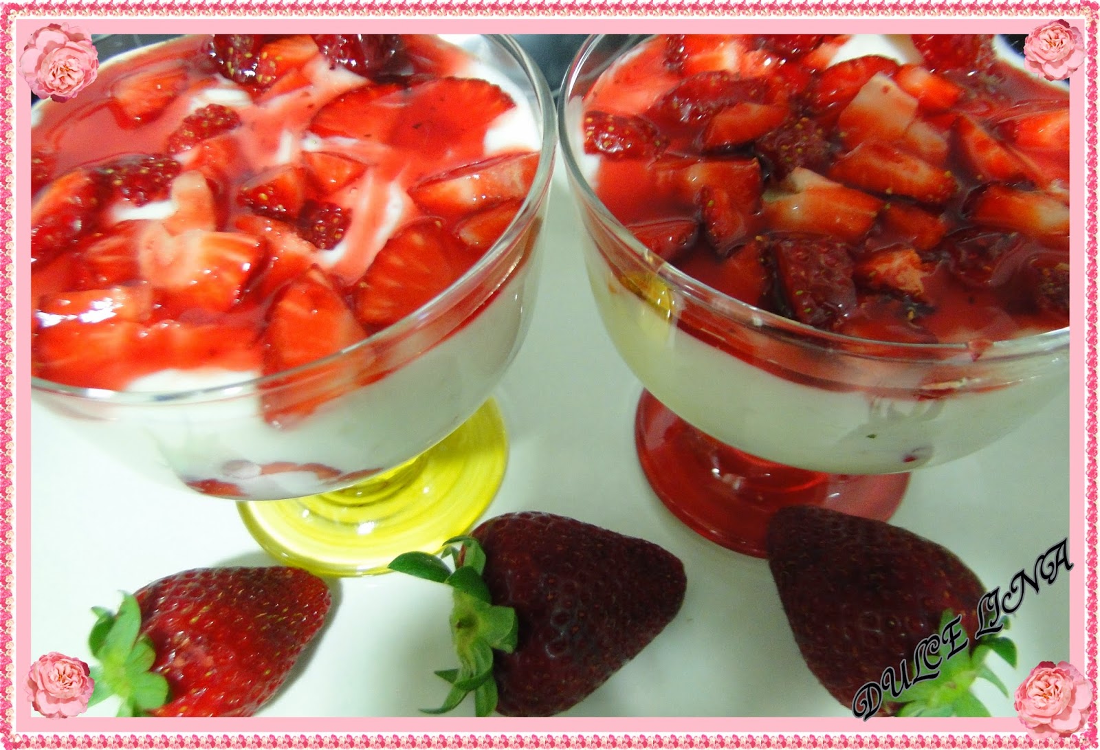 DL : COPA DE CREMA DE ARROZ CON LECHE FRESAS Y LECHE CONDENSADA