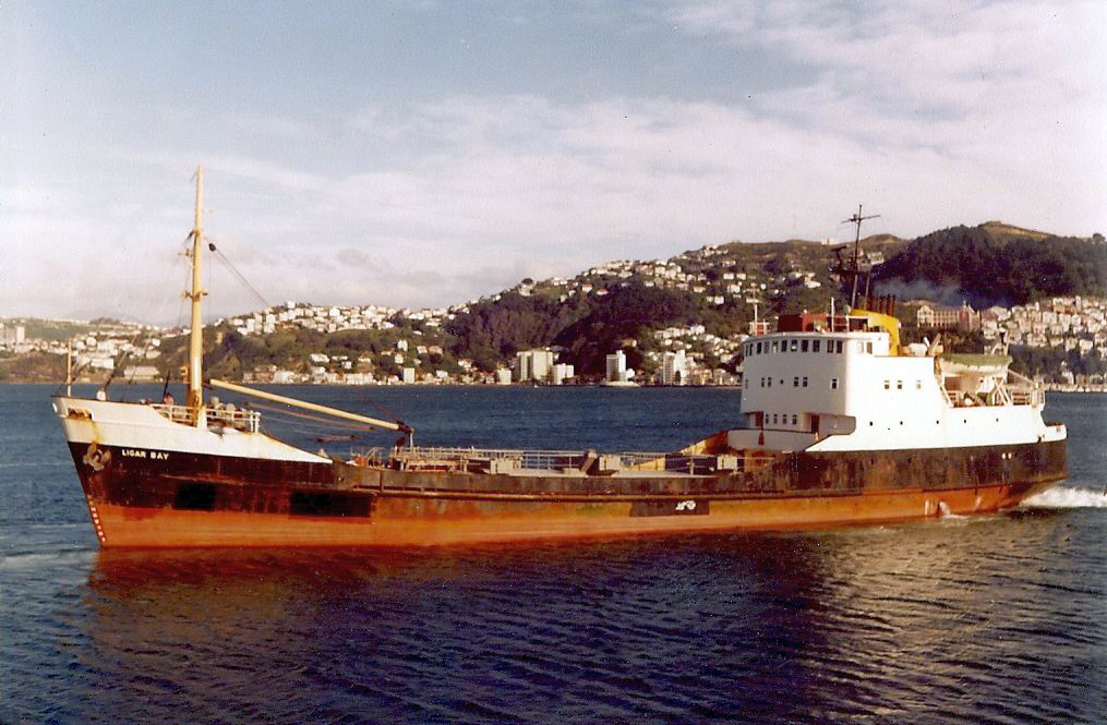 transpress nz: the coastal motor ship 'Ligar Bay' in Wellington, 1970s