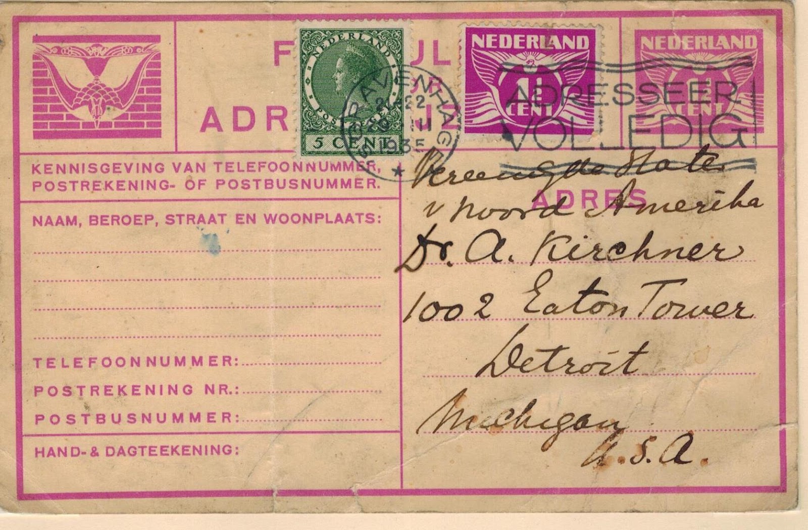 Netherlands Postal History: International Change of Address : 1925 - 1946