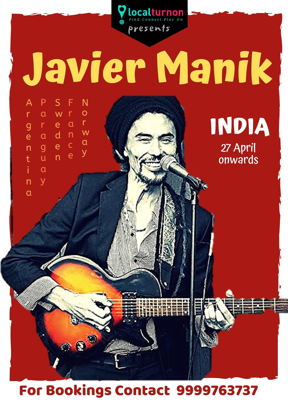 Javier Manik Reggae and latino Singer coming to India 27 April