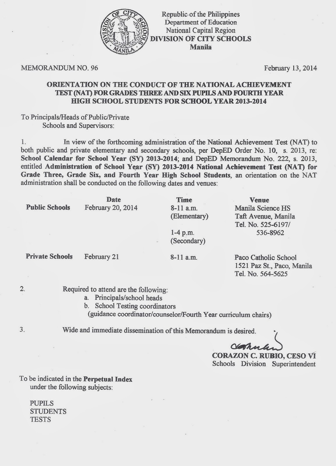Department of Education Manila: Division Memorandum No. 96 ...